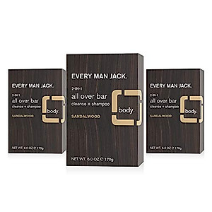 Every Man Jack Sandalwood 2-in-1 Mens Bar Soap - Wash and Shampoo for All Skin and Hair Types - Ultra Hydrating Made with Natural Ingredients like Shea Butter, Aloe Vera, Glycerin - 6oz
