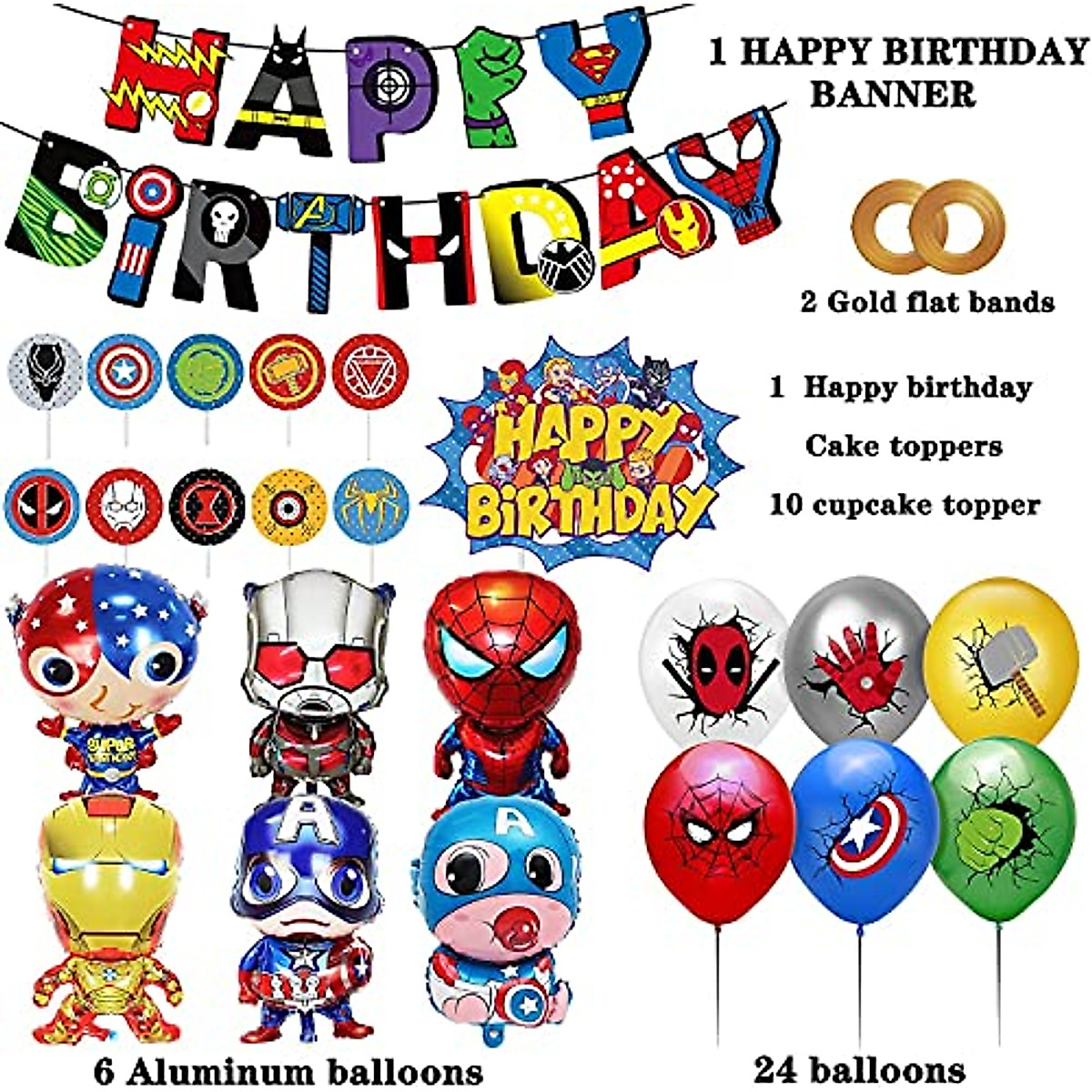 Superhero Party Supplies,Avengers Birthday Decoration-Superhero Birthday Party Banner,Superhero Balloons,Toppers Cake Toppers,6 Pcs Avengers Large Foil Balloons for Kid's boy Themem Party(44PCS)