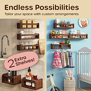 HOMEY PANDA 3+2 Floating Nursery Book Shelves for Wall: 3 Long & 2 Mini Shelves, Bookshelf for Kids & Baby Bookshelf, Nursery Book Shelf for Kids Rooms. Nursery Bookshelf (5-IN1 Walnut)