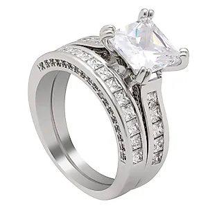 Zhiwen Lovely Ring -2-in-1 Womens Vintage Princess Cut Topaz Cz 10KT White Gold Filled White Diamond Silver Engagement Wedding Band Ring Set Size6-10 (US code 8)