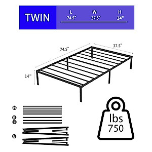 DERYONI 14 inch Twin Size Bed Frame No Box Spring Needed Heavy Duty Metal Twin Platform Bed Frame Steel Slat Support 750lbs Easy Assembly Noise Free Black Bed Frame Twin