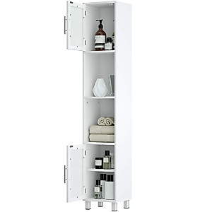 Tangkula Tall Bathroom Cabinet, Home Living Room Wood Storage Cabinet Free Standing w/ 4 Shelves and 2 Glass-Paneled Doors Suitable Tall Bathroom Cabinet