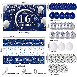 Navy Blue 16th Birthday Decorations for Boys and Girls, Happy 16th Birthday Backdrop, Tablecloth, Balloons Garland Arch Kit - 16th Birthday Banner Party Supplies Bday Decor for Sweet 16 Year Old Teen