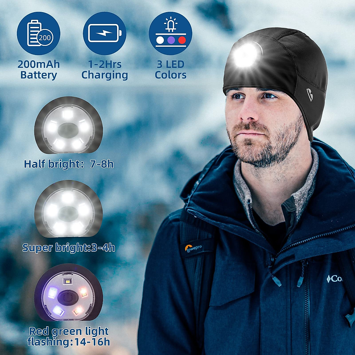 ROCKBROS LED Skull Cap with Light, Rechargeable Headlamp Cap, Winter Warm Running Cycling Cap, LED Lighted Beanies Hat,Headlight Flashlight Hiking Camping,Tech Gifts for Men Women Handyman Teens Black