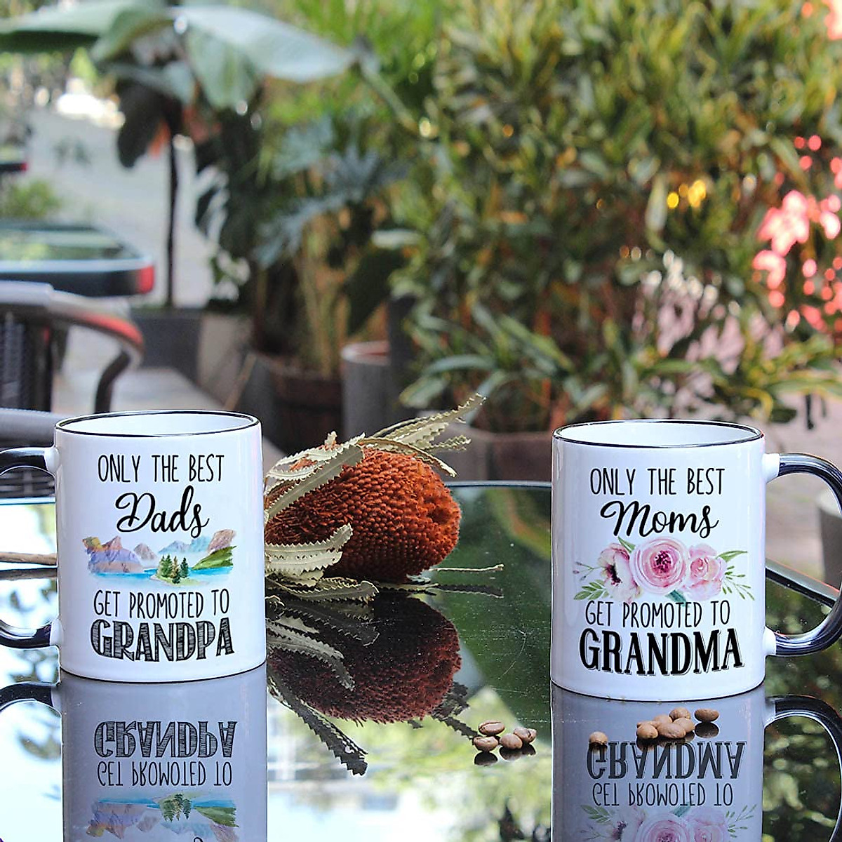 Only the Best Mom Dad Get Promoted to Grandma and Grandpa Coffee Mug Set, Great Grandparent Coffee Mug Set. Pregnancy announcement Gift. Great Grandpa Mug. Grandparent Mug Set of 2 Shot Mugs (Black)