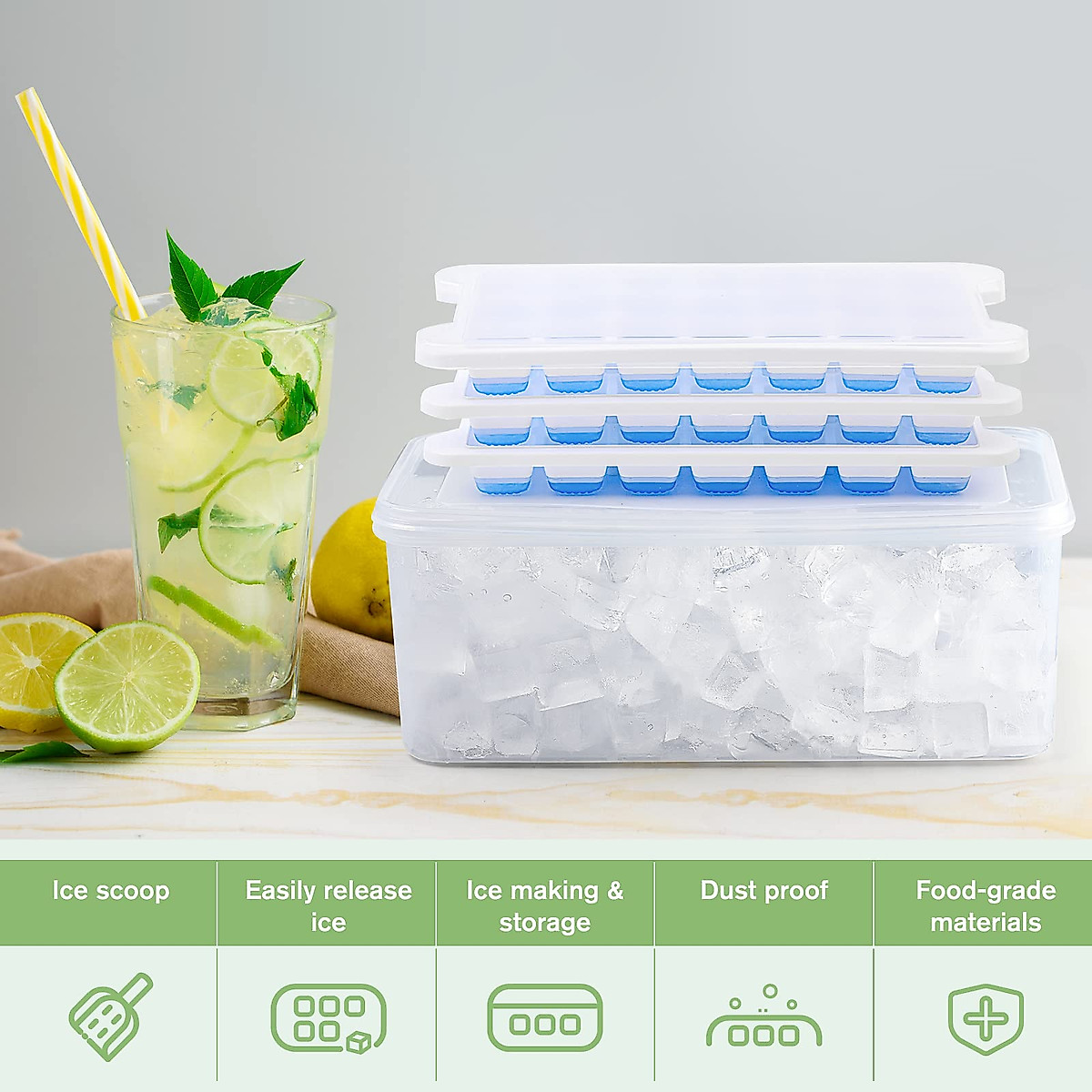 Ice Cube Tray with Lid and Bin - Jadkysarh Small Nugget Ice Cube Trays for Freezer Easy Release Silicone Ice Cube Molds for Chilling Whiskey Cocktail Coffee Fruit Seafood 3 Trays with Ice Scoop