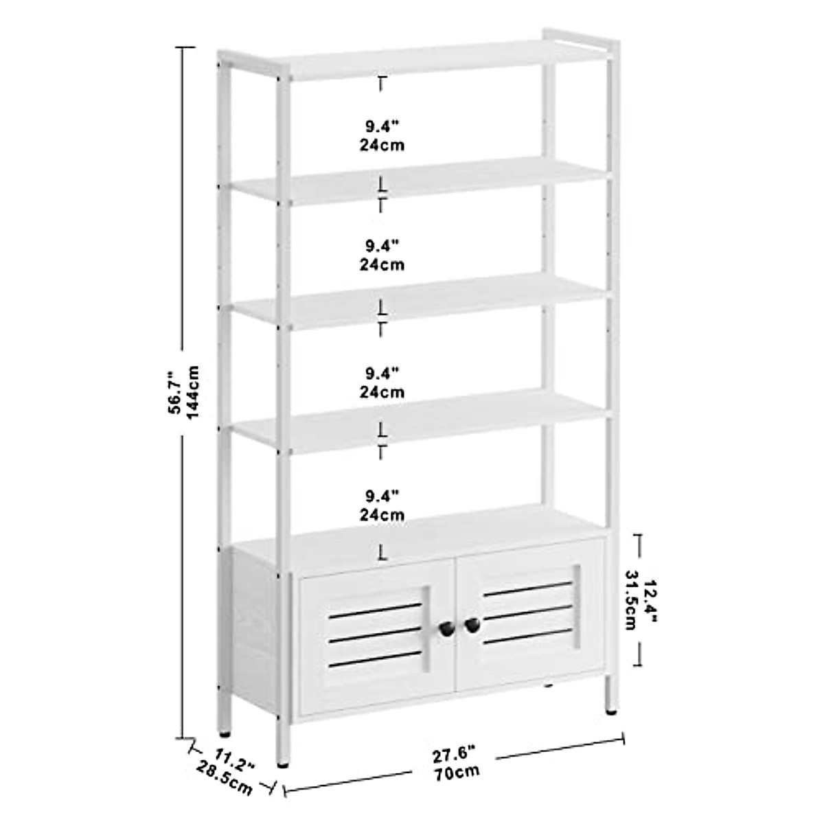IRONCK Bookshelf and Bookcase with 2 Louvered Doors and 4 Shelves, Standing Storage Cabinet for Living Room, Home Office, Bedroom, Washroom, White