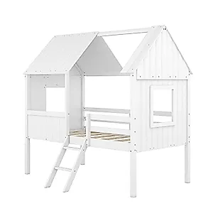 BOVZA Twin Playhouse Bed for Kids, Wood House Low Loft Bed with Two Side Windows and Roof for Girls and Boys Bedroom, White