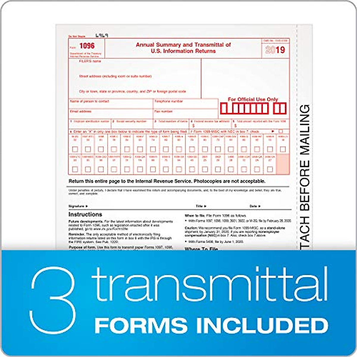 TOPS 1099 MISC Forms 2019, 5 Part Tax Forms, 50 Recipients Laser/Inkjet Forms, 3 1096 Summary Forms (TXA22993), White (TX22993)