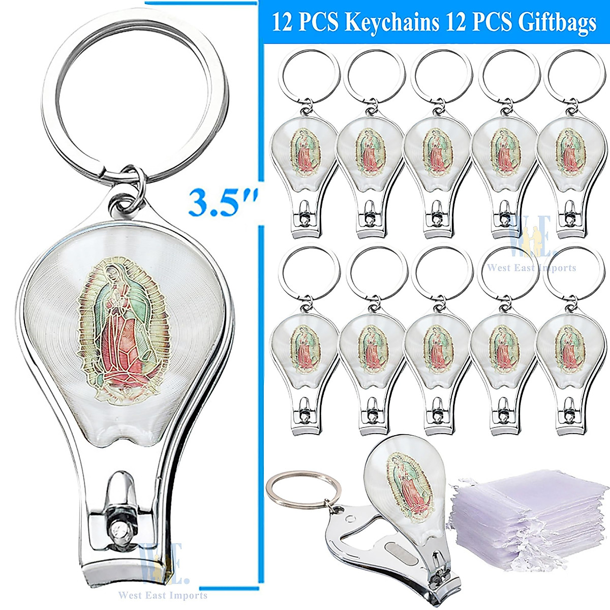 WE Our Lady of Guadalupe (12 PCS) Baptism Keychain with Nail Clipper and Opener Party Favors for Baby Boys and Girls/Bautizo Recuerdos/Gift for Guest/Christening/First Communion Favors