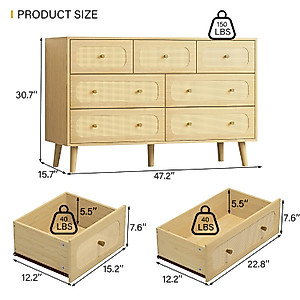 Wananlanen Rattan Dresser for Bedroom, Wood Boho 7 Drawer Chest of Drawer with Storage and Gold Handle, Modern Natural Rattan Dresser for Living Room, Hallway, Entryway
