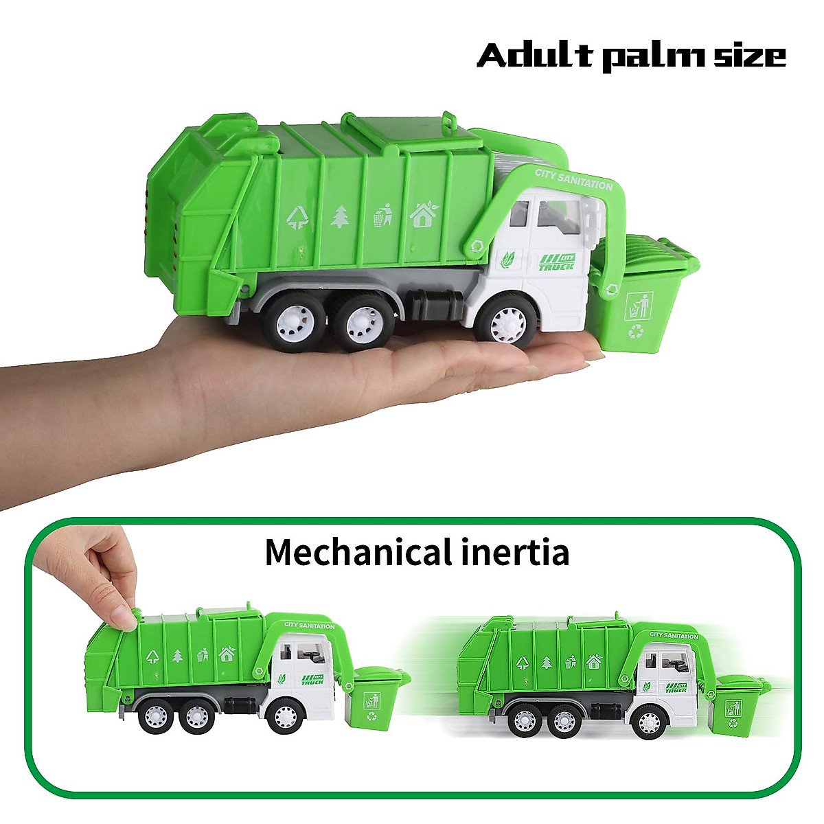 Garbage Truck Toys for Boys, 4 pcs 6" Friction Powered Trash Truck with Kids Playmat Car Rug, 8 pcs Roadblock Signpost, 4 Trash Bins with 108 pcs Trash Cards, Toy Gift for 3+ Years Old Kid