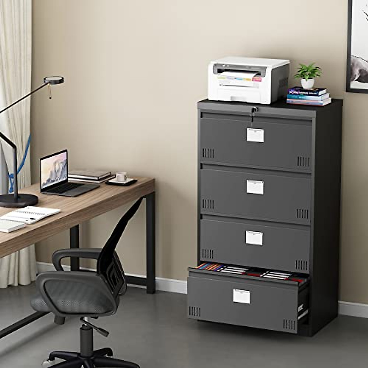 kingwolfox 4 Drawer Lateral File Cabinet with Lock, Locking lateral Filing Cabinet for Office Metal Steel File Drawers Cabinet, Lockable Horizontal File Cabinet for for Legal/Letter A4/F4 Size
