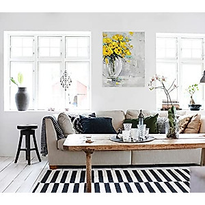 YHSKY ARTS Yellow Sun Flower in Vase Wall Arts - Hand Painted Still Life Canvas Oil Paintings - Modern Botanical Pictures for Living Room Bedroom Bathroom Decor