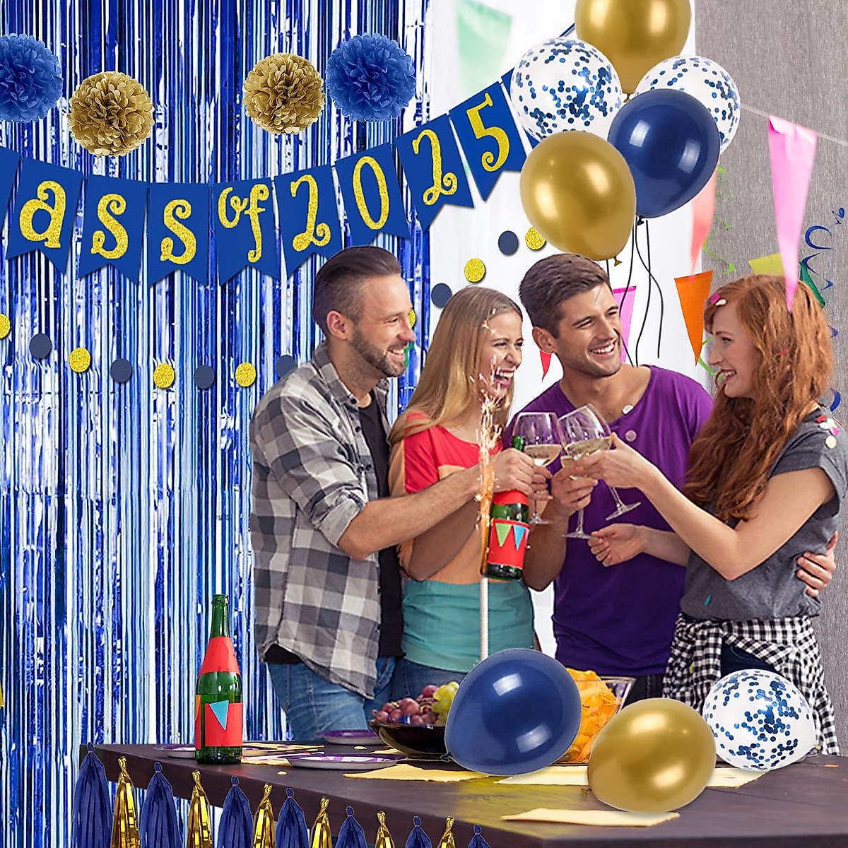 Graduation Party Decorations 2023-Blue and Gold Class of 2023 Banner Paper Pompoms, Congrats Grad Foil Fringe Curtain Backdrop and Senior Graduation Party Balloons Decorations Supplies
