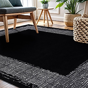 CAMILSON Modern Area Rug 5x7 Black Rugs Solid Color Bordered Design for Living Room Bedroom Easy-Cleaning Non-Shedding Indoor Carpet Alfombras para Salas Modernas (5 x 7 Black and Cream)