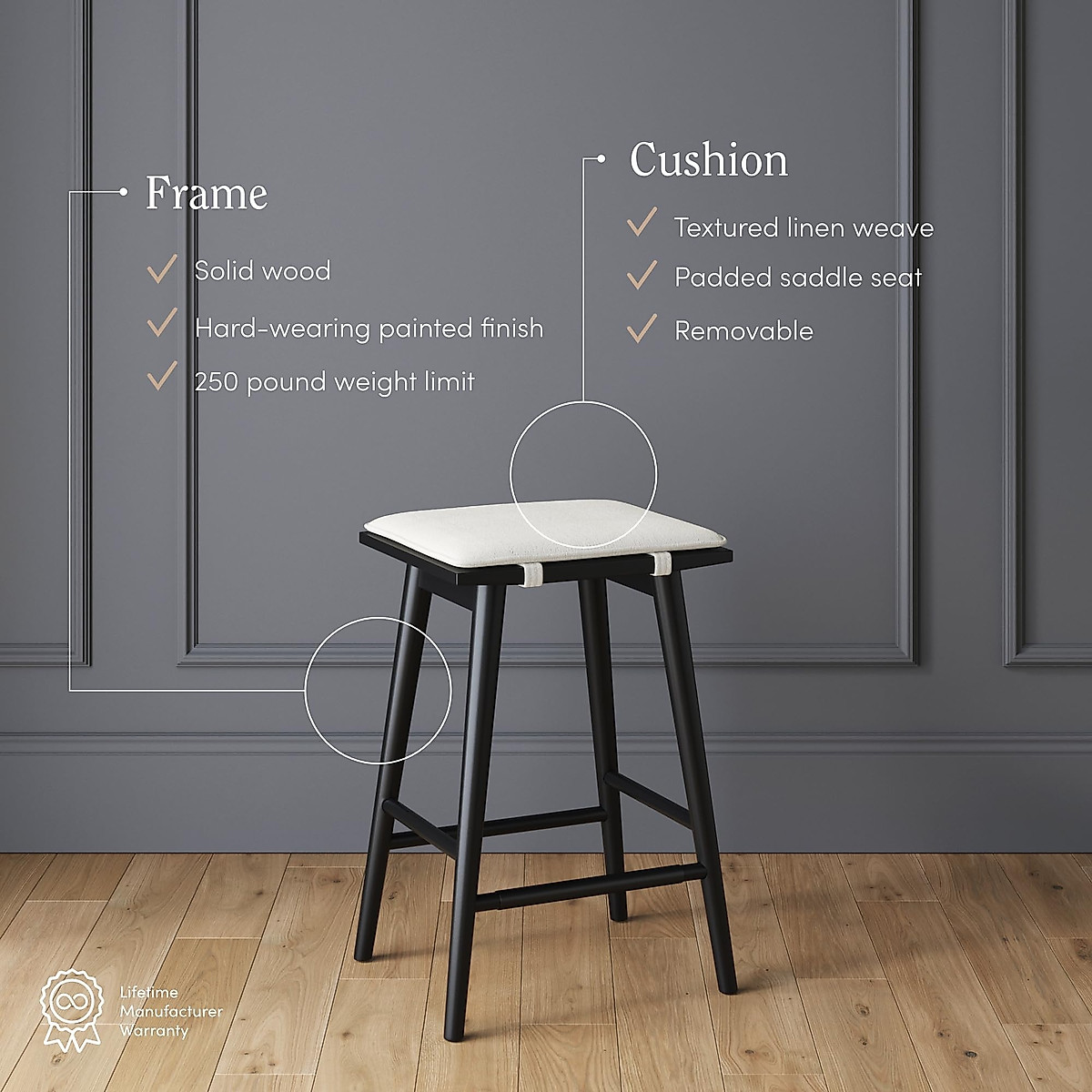 Nathan James Barker Counter Height Wood Barstool with Upholstered Cushion, Backless Island Stool for Kitchen, Black/Cream Boucle, Set of 2