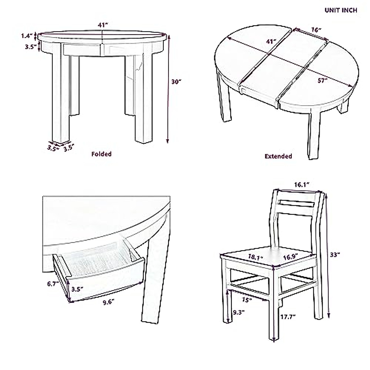 Bellemave 5-Piece Round to Oval Extendable Dining Table Set with 4 Chairs, Drawers and 16" Removable Leaf for Kitchen, Dining Room.((Espresso)
