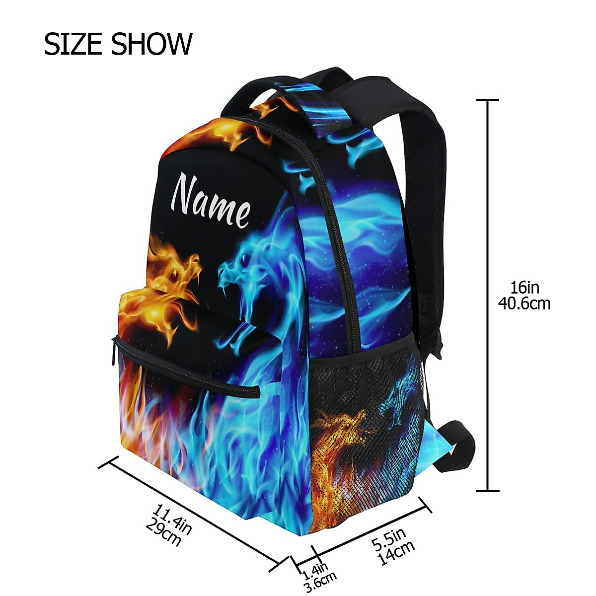 Custom Blue And Red Fiery Dragons School Backpack Personalized Your Name Text Bookbag for Boys Girls Teens Casual Travel Bag Computer Laptop Daypack