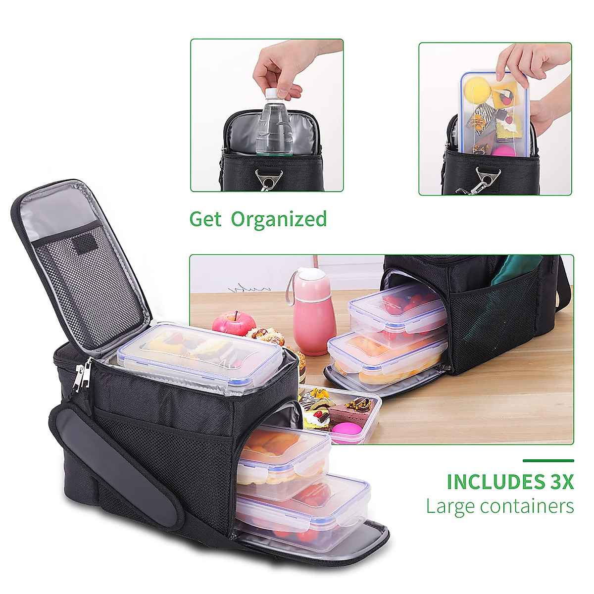 Lunch Box for Men,Women, Insulated Lunch Bag Set, Includes 3 Reusable Meal Prep Containers + 2 Ice Pack, Leakproof Thermal Lunch Box with Detachable Shoulder Strap for Office Work, Camping, School