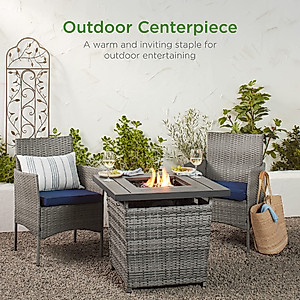 Best Choice Products 28in Gas Fire Pit Table, 50,000 BTU Outdoor Wicker Patio Propane Firepit w/Faux Wood Tabletop, Clear Glass Rocks, Cover, Hideaway Tank Holder, Lid - Ash Gray