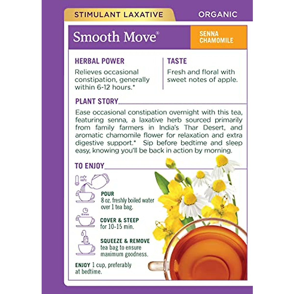 Traditional Medicinals Organic Smooth Move Senna Chamomile Herbal Tea, Relieves Occasional Constipation, (Pack of 2) - 32 Tea Bags Total