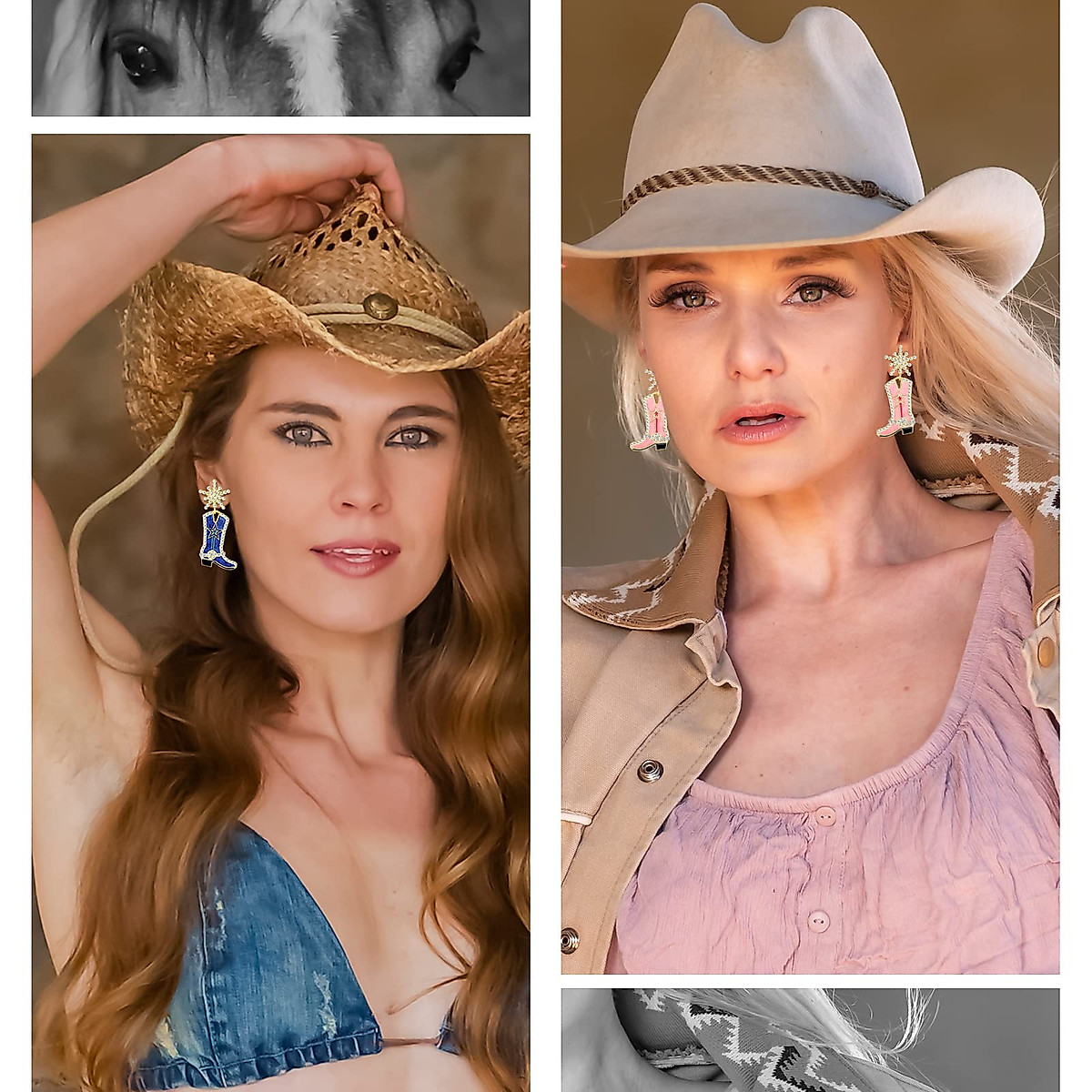 4 Pairs Beaded Boot Earrings Cowgirl Cowboy Earrings Country Y2k Western Jewelry Rhinestone Beads Shoes Dangle Drop Earrings for Women Halloween Party(Snowflower)