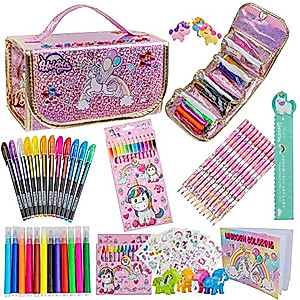 Fruit Scented Markers Set with Unicorn Glitter Pencil Case, Marker, Color Pencils, Crayons, Glitter Pastel Pen, Unicorn Coloring Pages, Drawing Doodling, Art Supplies for Girls Ages 4-6-8-12
