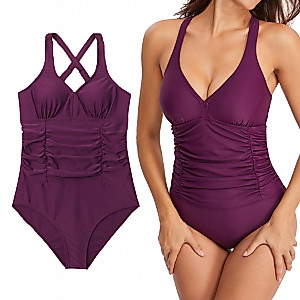 HXAO Women's One-piece Swimsuits Shapewear Slimming Tummy control Push up Ruched Backless Padded Curvy Swimsuits for Women(Y18110-purple-L)