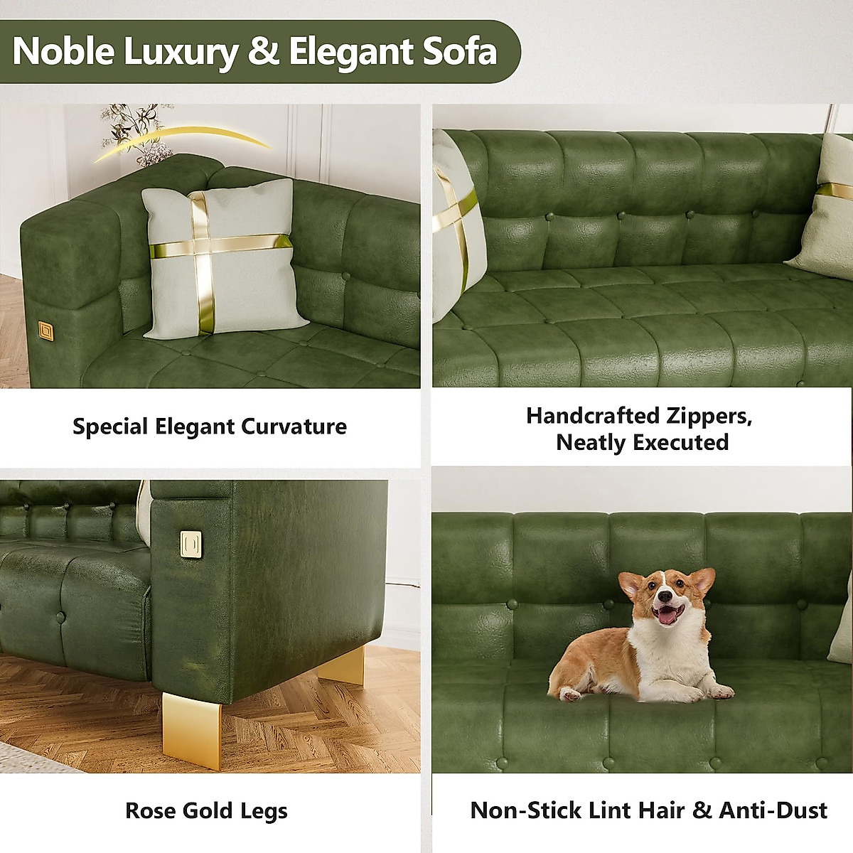 ReyTinn PU Faux Leather Sofa, 83.86" Mid-Century Modern Oversized Loveseat Couch, Large Classic Upholstered 3-Seater Deep Sofa with Arms for Living Room, Apartment, Office Green