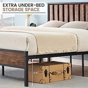 GAOMON Queen Size Bed Frame with Wood Headboard,Metal Bed Frame with 14 Heavy Duty Steel Slats,No Box Spring Needed,Noise-Free,Retro Brown