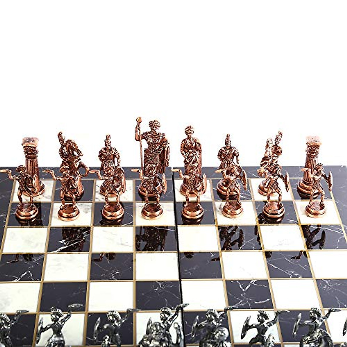 Historical Antique Copper Rome Figures Metal Chess Set for Adults, Handmade Pieces and Marble Design Wood Chess Board King 4 inc