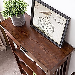 Leick Home 82262 Mission Mantel Height Bookcase with Slatted Sides and Top Drawer, Made with Solid Wood, for Living Rooms, Mission Oak Finish, Brownbronze