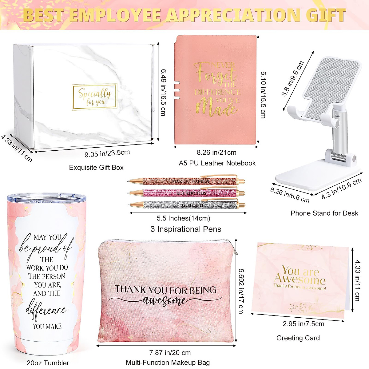 Employee Appreciation Gifts, Appreciation Gifts for Coworkers, 8 Pcs Christmas Gift for Employees Coworkers Teacher Staff Principal Nurse, Cool Thank You Gifts Baskets w/ Tumbler Notebook (Pink)