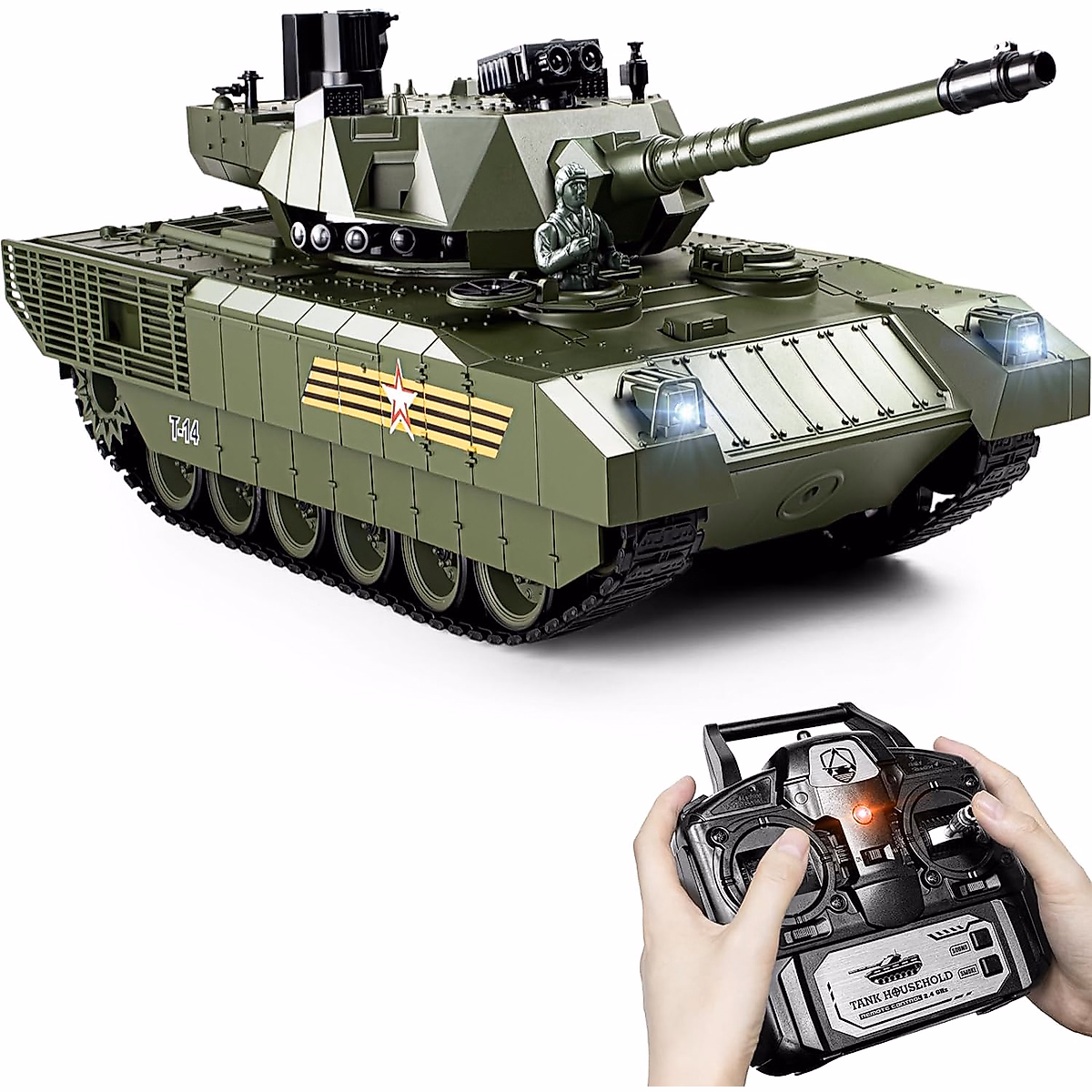 Supdex 1:18 RC Tank, 2.4Ghz Russia T-14 Remote Control Tank Model Toys, 15 Channel Battle Army Tank with Smoke Effects, Light and Sound, Military Toy for Adult, Kid That Shoots BBS and Water Bombs