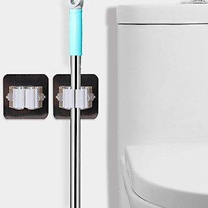 4PCS Mop Broom Holder No Drill Stainless Steel, Mop Broom Organizer Wall Mounted Heavy Duty with Hooks Hanger, Storage Rack Self Adhesive for Bathroom, Kitchen, Office (White)