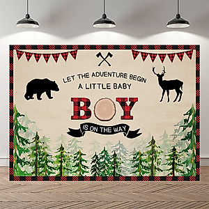 SeekPro 7x5ft Lumberjack Baby Shower Backdrop Red Plaid Bear Adventure Begins Boy Baby Shower Photo Background Baby Shower Party Supplies SK6211B
