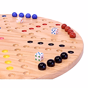 AmishToyBox.com Wahoo Marble Game Board Set - Round 18" Wide Marbles Game - Solid Oak Wood - Double-Sided - with Large 18mm Marbles and Dice Included