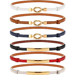 Chuarry 6 Packs Women Skinny Leather Belt Slim Adjustable Waistband Thin Women's Dress Belt Vintage Waist Belts for Ladies Girls, 0.4 Inches Wide