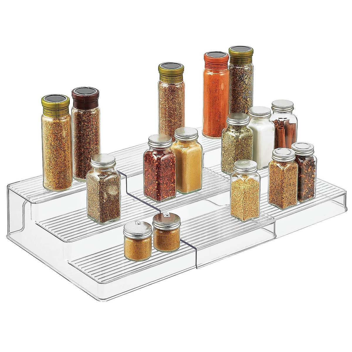 mDesign Plastic Spice and Food Kitchen Expandable Cabinet Shelf Organizer - 3 Tier Storage - Modern Compact Caddy Rack - Holds Spices/Herb Bottles, Jars - for Shelves, Cupboards, Refrigerator - Clear