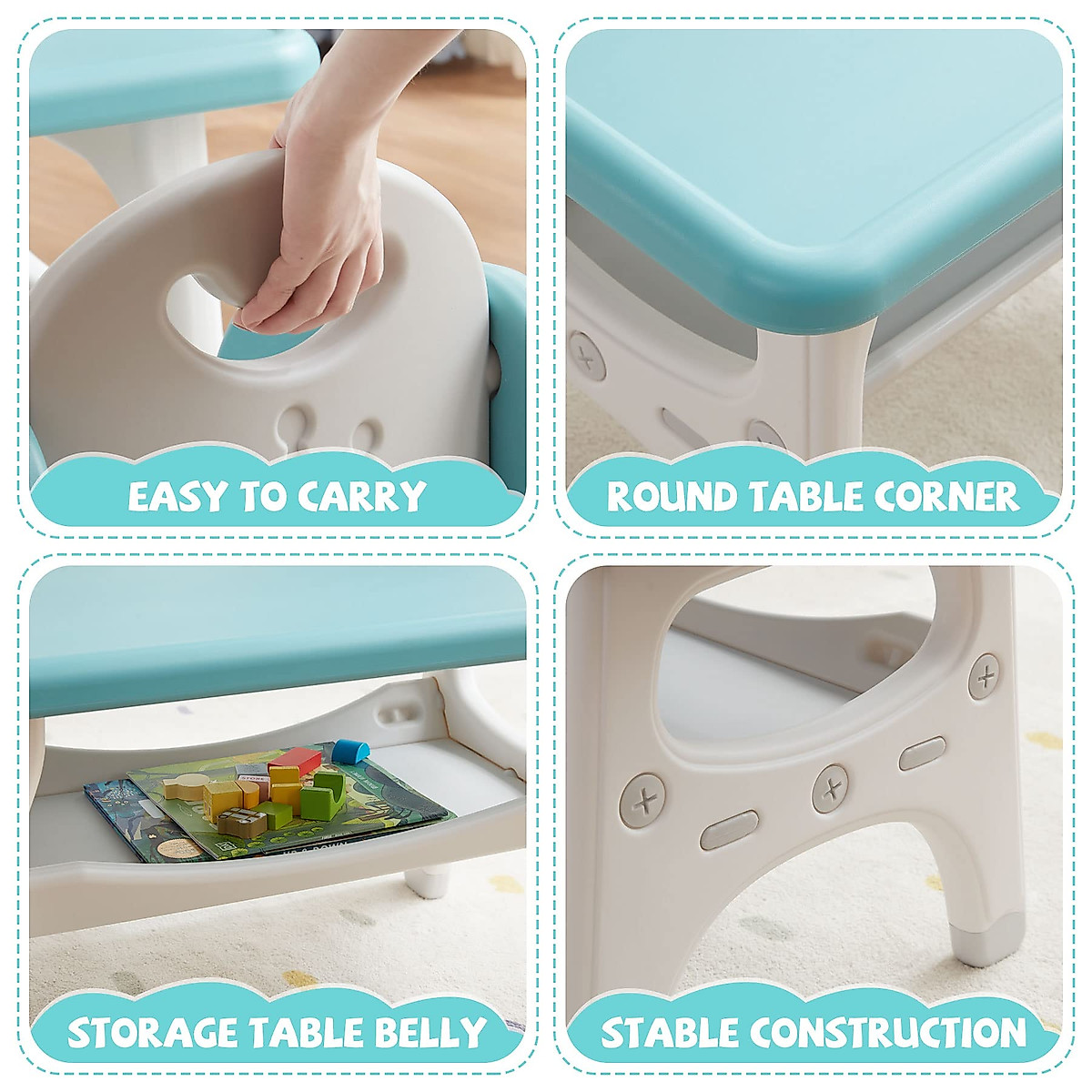 DOREROOM Kids Table and Chair Set, Plastic Children Activity Table with 2 Chairs, Toddler Table and Chair Set for Reading, Drawing, Snack Time, Arts Crafts, Preschool, Gift for Boys Girls