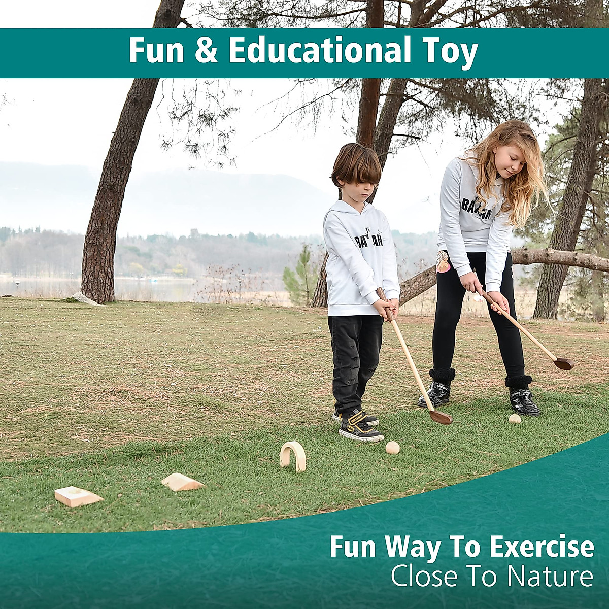 Teal Elite Kids Golf Set – Mini Golf Toy for Indoor and Outdoor Play – Toddler Set Includes 2 Clubs, 2 Balls, Holes, and Obstacles – Premium Natural Wood – Ideal Gift for Boys and Girls Age 3 4 5