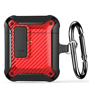Lopnord Lock Compatible with Apple Airpods Case 2nd Generation, Rugged Case Cover for AirPods 1st with Keychain (Red)