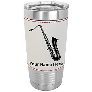LaserGram 20oz Vacuum Insulated Tumbler Mug, Saxophone, Personalized Engraving Included (Faux Leather, Baseball Style)