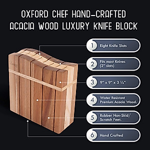 Kitchen Knife Set With Block: 8 Piece German 1.4116 High-Carbon Stainless Steel Knives - Full-Tang, Ergonomic Sandalwood Handles W/Stylishly Designed Acacia Wood Knife Block by Oxford Chef