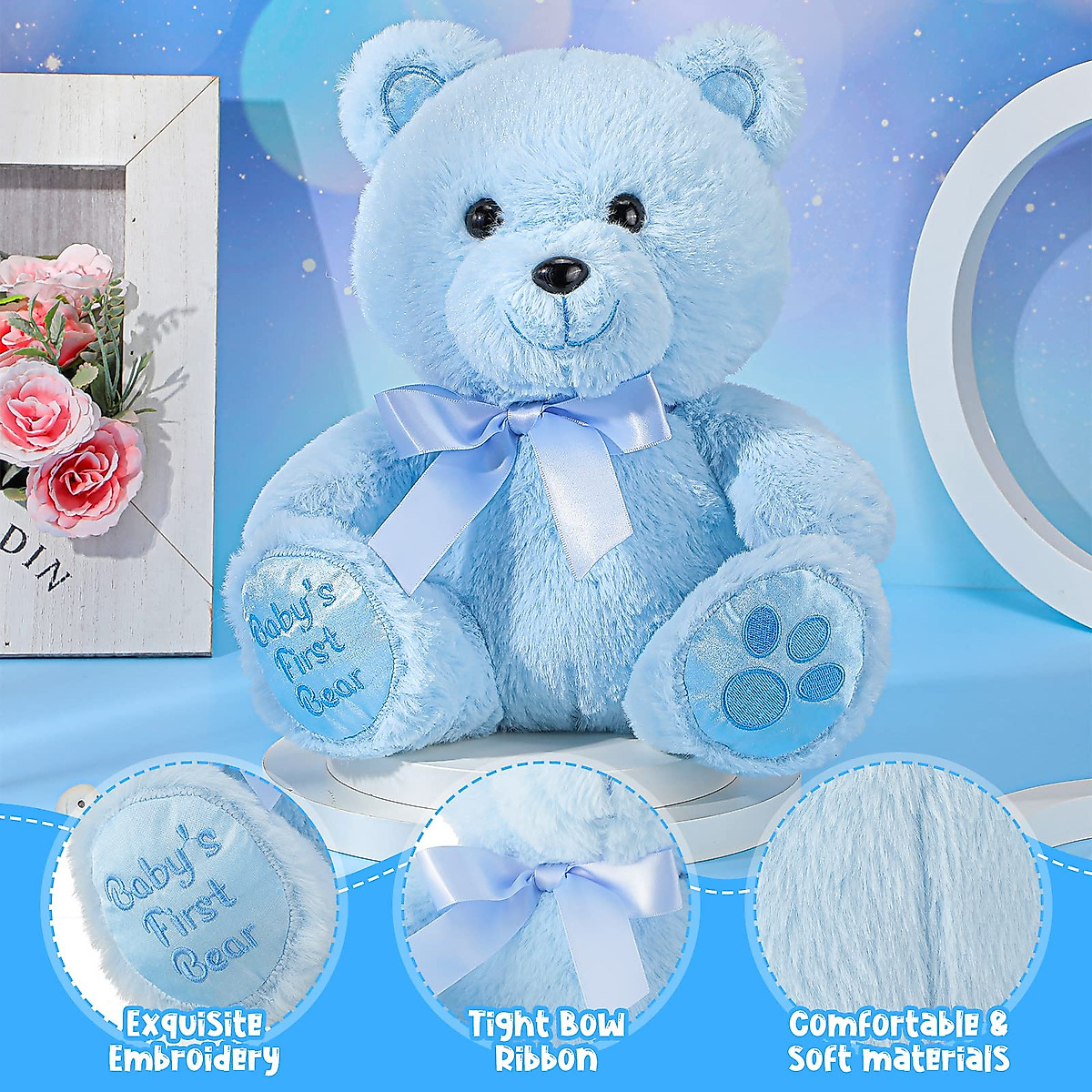 Chalyna 10 Inch Bear Stuffed Animal First Bear Baby Shower Bear Plush Toy for Wedding Birthday Baby Shower Party Favor Gift(Blue)