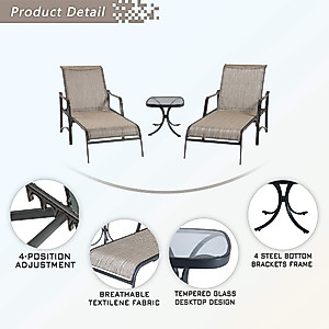 Sports Festival 3 Pcs Chaise Lounge Set of 2 Patio Chairs with Adjustable Backrest in 4 Reclining Levels and 1 Metal Bistro Table with Tempered Glass Top Outdoor Furniture for Poolside