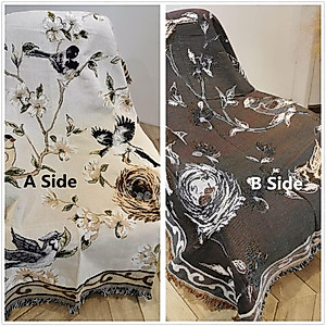 VClife Boho Couch Cover Cotton Linen Beige Sofa Cover Vintage Floral Birds Couch Cover for 2 Cushion Couch Sofa Dog Pet Friendly Non-Slip Loveseat Cover Futon Cover Sofa Cover with Tassel 71"x 118"