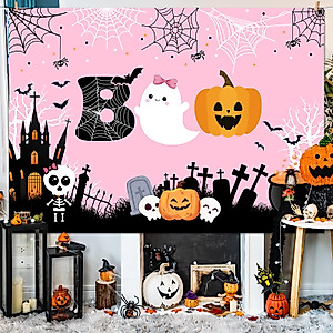 Mocsicka Halloween Boo Backdrop Cute Spooky Ghost Pumpkin Trick or Treat Background Pink Little Boo Girl Baby Shower or Birthday Party Cake Table Decoration Banner Photo Booth Props (7x5ft)