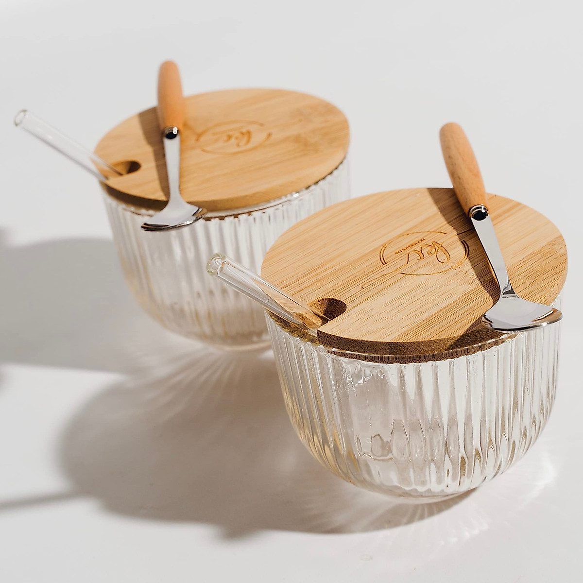 KC 2pc Glass Coffee Vintage Mug Set With Bamboo Lid And Glass Straw - 15oz Jumbo Glass Cup With Stainless Steel + Bamboo Spoon And Glass Straw - Glass Snack Bowl With Spoon